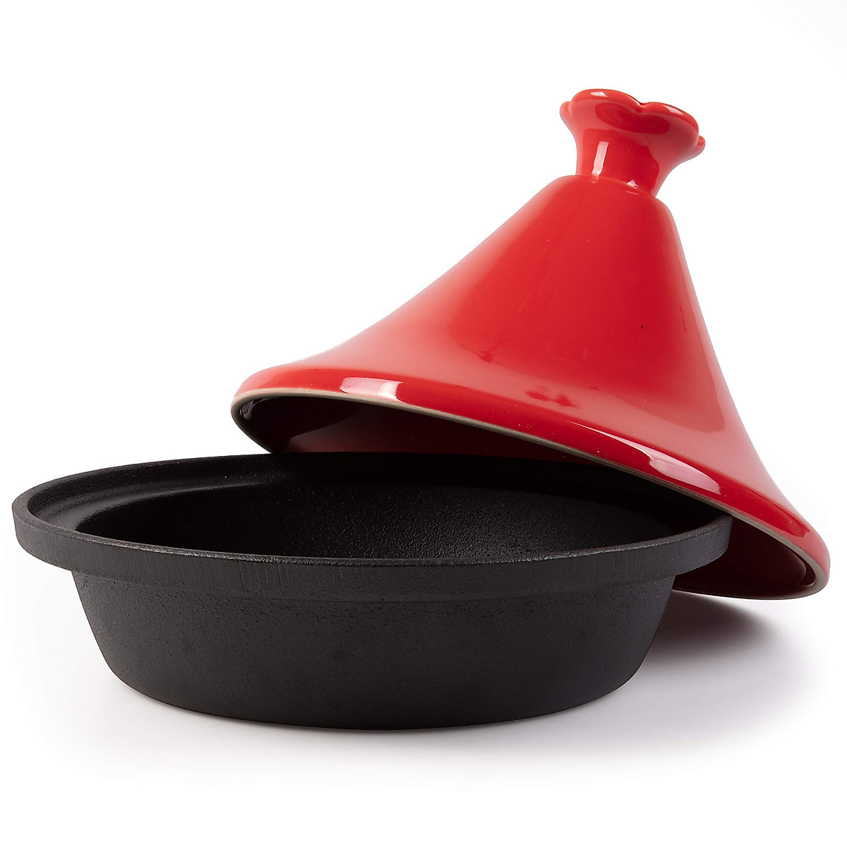 Tagine Moroccan Cast Iron 4 qt Cooker Pot with Recipe Book, Caribbean One-Pot Tajine Cooking, Enameled Ceramic Lid- 500 F Oven Safe Dish w Large Capacity, Cone Shaped Lid, Cookware Gift