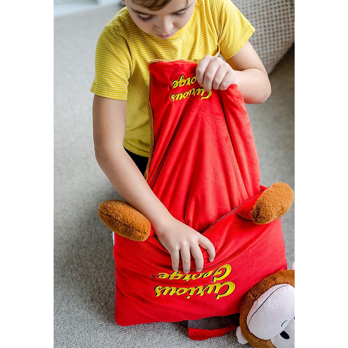Animal Adventure®| Curious George®|Character Cuddle Combos™| 2-in-1 Stow-n-Throw Cuddle Bud with Carrying Handle & Zipper Pouch for Blanket Storage Set –29" W x 40" H Blanket
