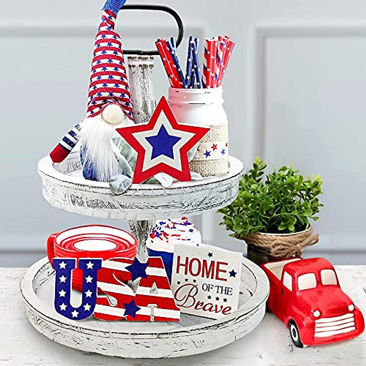 Farmhouse Decor, Two Tiered Tray White with 3 Wood Cute Signs, Wooden Rustic Modern Decorations Items for Home Kitchen Shelf Coffee Bar Table