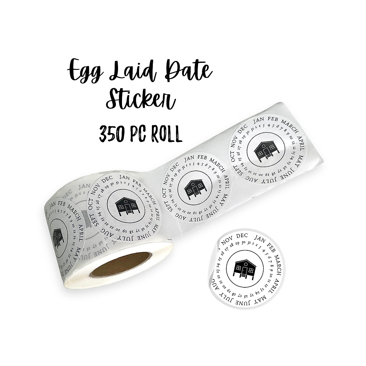 Eggs Laid On Date Stickers | 350 Pc Roll | 2" Round Stickers | Farm Fresh Stickers | Egg Carton Stickers | White with Chicken Coop Design