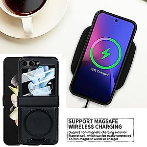 teroxa for Samsung Galaxy Z Flip 5 Case, Hidden Kickstand, Magnetic Ring Compatible with MagSafe Wireless Charger, Cover Luxury Leather Back (Black) (Black)