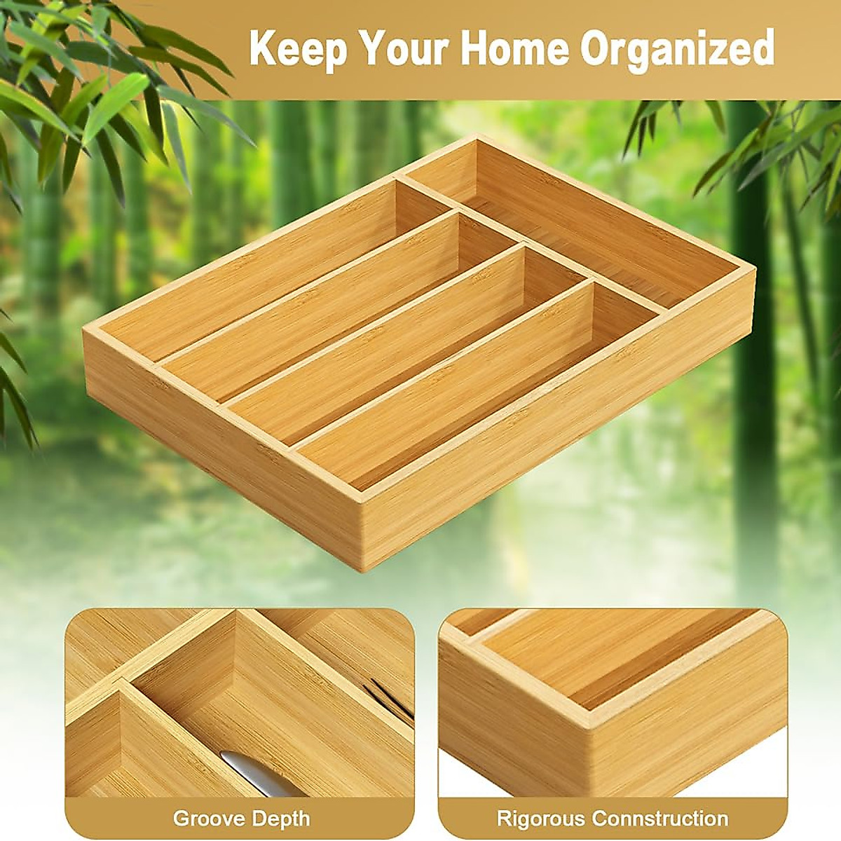 WEBACOO Bamboo Kitchen Drawer Organizer - Silverware Organizer for Kitchen Drawers - Utensil Tray and Flatware Storage for Kitchen - Flatware Organizer - Cutlery Tray with Adjustable Dividers