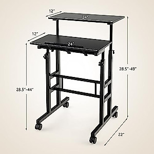 Tangkula Mobile Standing Desk Stand Up Desk, Height Adjustable Computer Desk with Standing & Seating 2 Modes, Tilting Tabletop & Flexible Wheels, Rolling Laptop Cart Sit Stand Desk