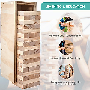 CELETOY Giant Tower Game with 3-in-1 Straightener, Quick Set-up Block Wooden Tower Game Set with Carrying Bag, Table & Storage Box - Starts at 2-4ft - Grows to Over 6ft, Lawn Games Backyard Outdoor