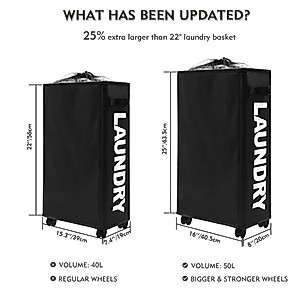 Maxsilan 25" Slim Rolling Laundry basket on Wheels, 50L Collapsible Narrow Corner Laundry Hamper, Foldable Storage Bins, Black