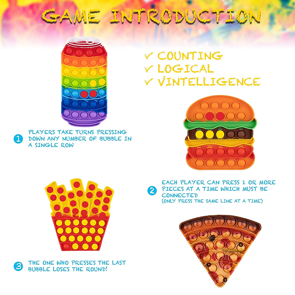 Pop Its Fidget Toys Pack 4 - Stress Relief Food Pop Its Poppers Fidget Poppet Toy - Autism Learning French Fry Pizza Hamburger Popits Push Pop Bubble Popping Sensory Toy for Kids