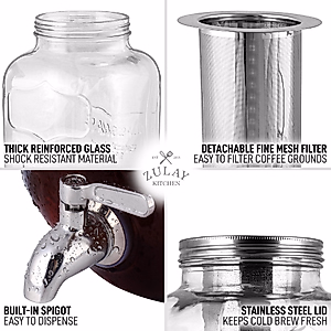 Zulay Kitchen 1 Gallon Cold Brew Coffee Maker - Large Iced Tea & Cold Brew Pitcher with Extra-Thick Glass & Stainless Steel Infuser - Cold Brew Coffee Maker with Airtight Lid & Spout (Silver)