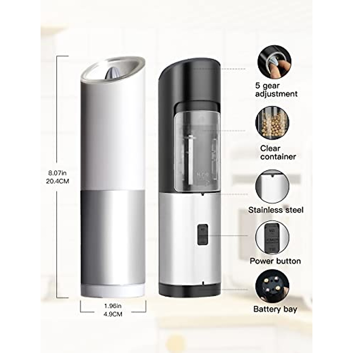PwZzk Battery Operated Gravity Electric Salt And Pepper Grinder Mill Set With White Light Stainless Steel One Hand Automatic Operation Refillable With Adjustable Coarseness (Black&white,2 Pack)