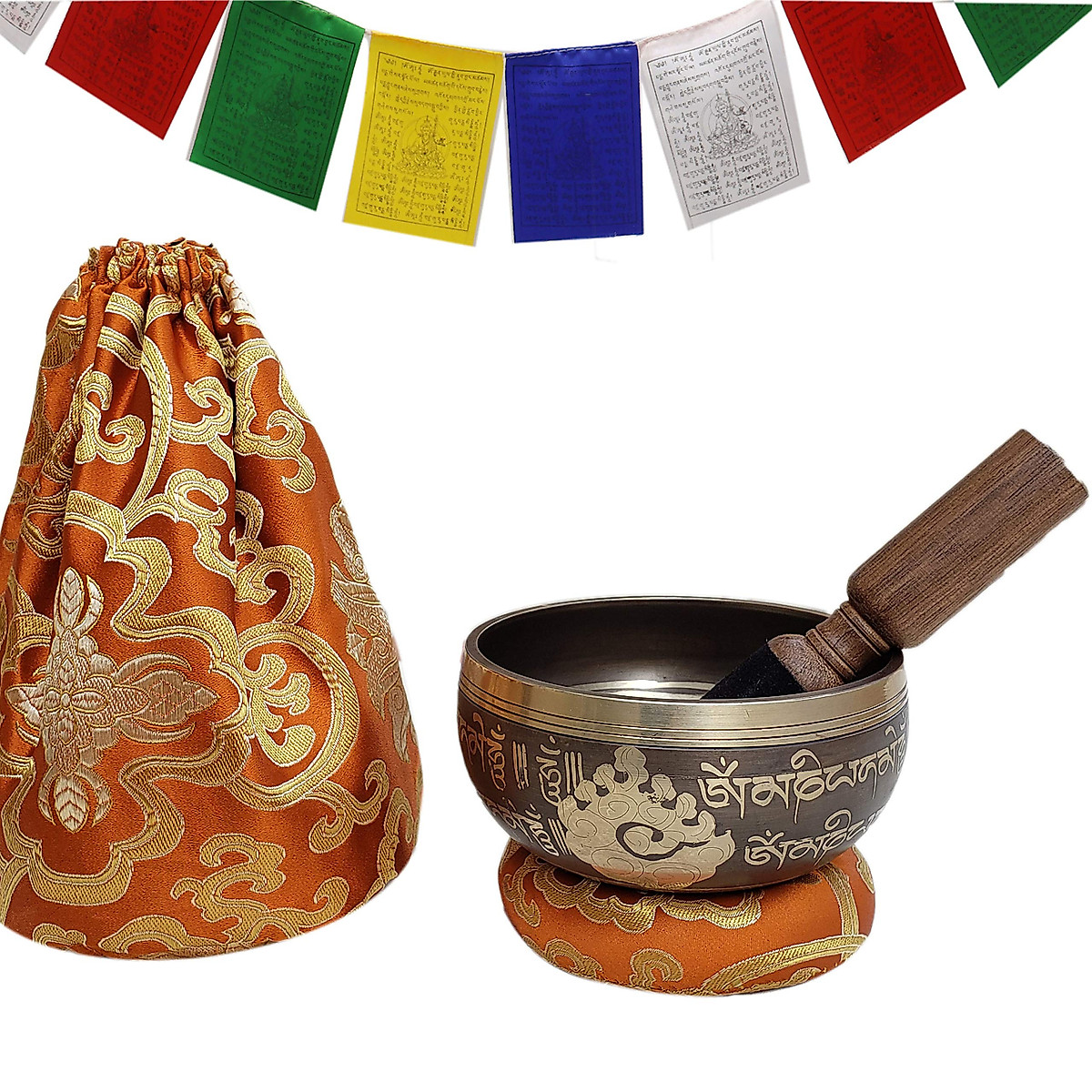 Khusi 4.5 Inch Tibetan Singing Bowl Set, Handmade, Decorative Chakra Bowl for Mindfulness, Wisdom Eye Mantra Engraved, Comes w/Silk Cushion, Leather Mallet and Carry Pouch