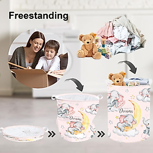 Clastyle Sleeping Elephant Kid Laundry Basket Pink Baby Girls Clothes Hamper for Nursery Collapsible Star Moon Towel Toy Storage Basket with Lid