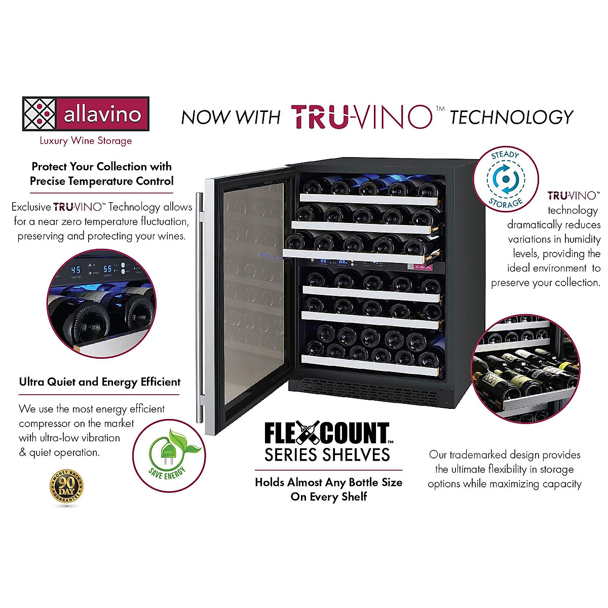 Allavino 24" Wide FlexCount II Tru-Vino 56 Bottle Dual Zone Stainless Steel Right Hinge Wine Refrigerator