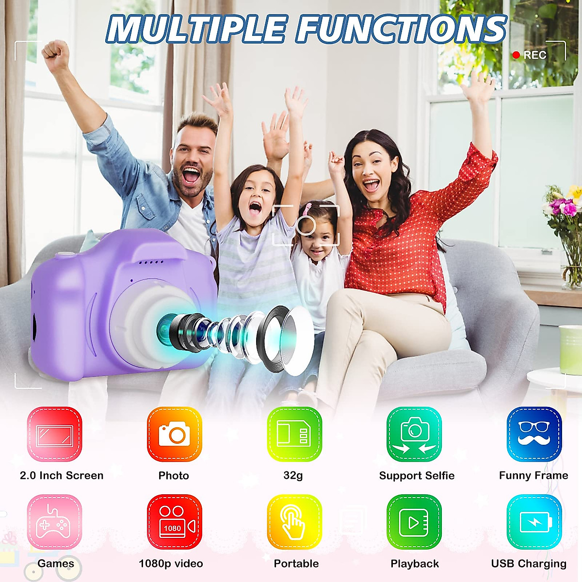 Upgrade Toddler Camera, HD Digital Video Cameras for Toddler, Kids Selfie Camera Toys with 32GB SD Card for 3 4 5 6 7 8 9 Year Old Girls and Boys, Christmas Birthday Gifts for Boys - Purple