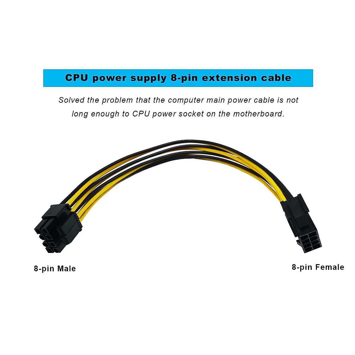 ZLKSKER 8 Pin CPU Power Cable/Adapter (8 Inch, 18AWG), 8 Pin Male (4+4) to 8 Pin Female Connector, ATX 12V Internal Power Extension Cable