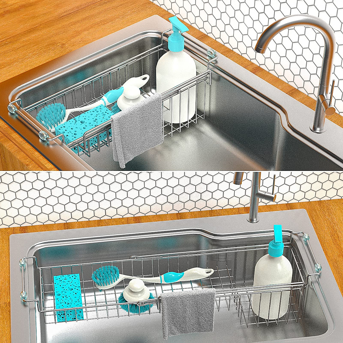 FavoThings Over The Kitchen Sink Caddy Sponge Holder Organizer Drying Rack Expandable for Sponge Brush Soap Dish Cloth Rag 14.5" to 22", Stainless Steel