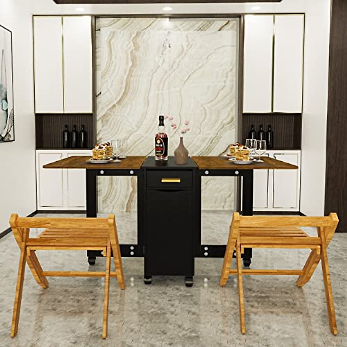 HSSZXFR Folding Dining Table with 2 Chairs, Space Saving Dining Table Folding Dining Table with Storage Drawer Drop Leaf Table Extension Dinner Table for Kitchen,Dining/Living Room,Office,Patio Party