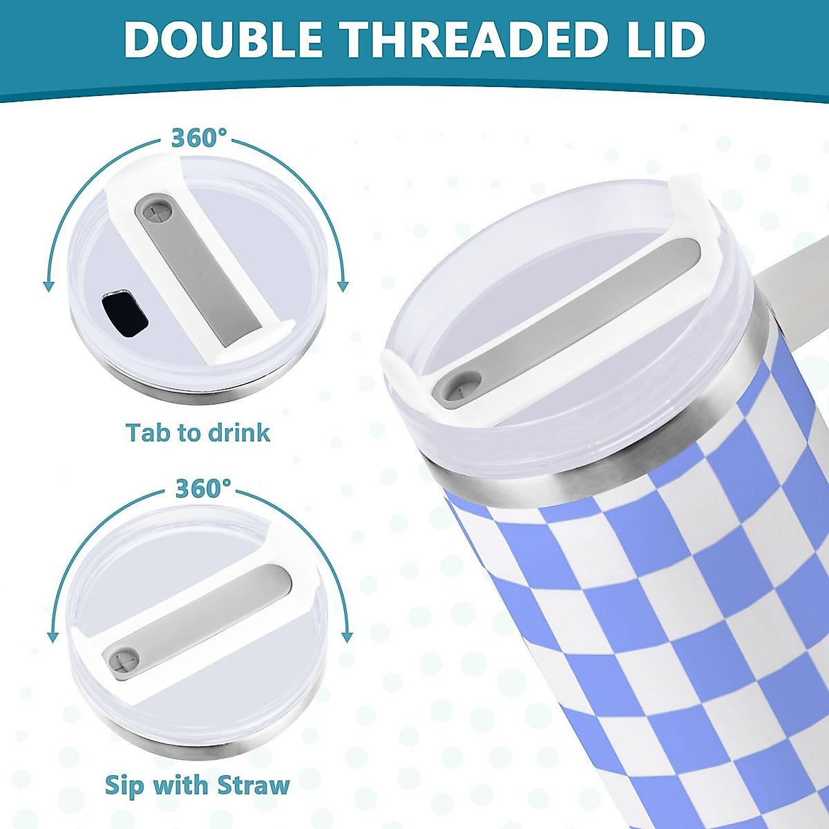 Blue White Checkered 40 oz Tumbler with Handle and Straw Lid, Insulated Coffee Cup Reusable Stainless Steel Water Bottle Travel Mug Cupholder Friendly,Gifts for Women Men