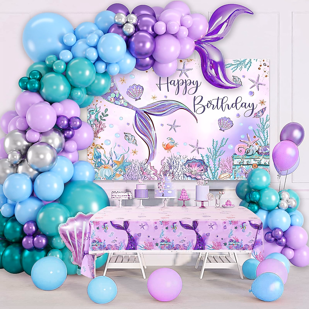 DataMoon Mermaid Birthday Party Decorations - 105pcs Mermaid Birthday Balloons Garland Arch Decorations Including Mermaid Backdrop, Mermaid Tablecloth for Birthday Party,Baby Shower, Gender Reveal.