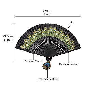 Innolife Peacock Chinese/Japanese Hand Folding Fan Bamboo Carved Frame Silk Craft Fan (Black)