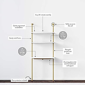 Nathan James Theo 2-Shelf Industrial Wall Mount Ladder Small Computer or Writing Desk, White/Gold Brass
