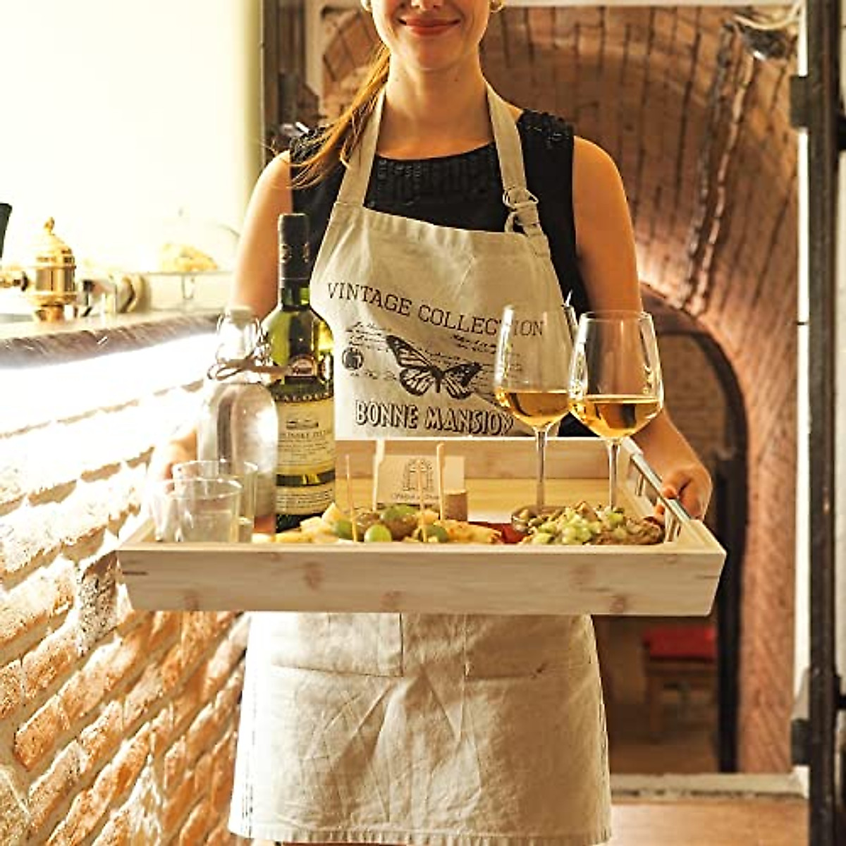 Muulaii Bamboo Wood Serving Tray with Gold Polished Metal Handles, Decorative Tray Platter Coffee Table Tray Rectangular Wooden Breakfast Tray for Ottoman, Kitchen, Bedroom, Lap &Couch - 15x10.4 Inch