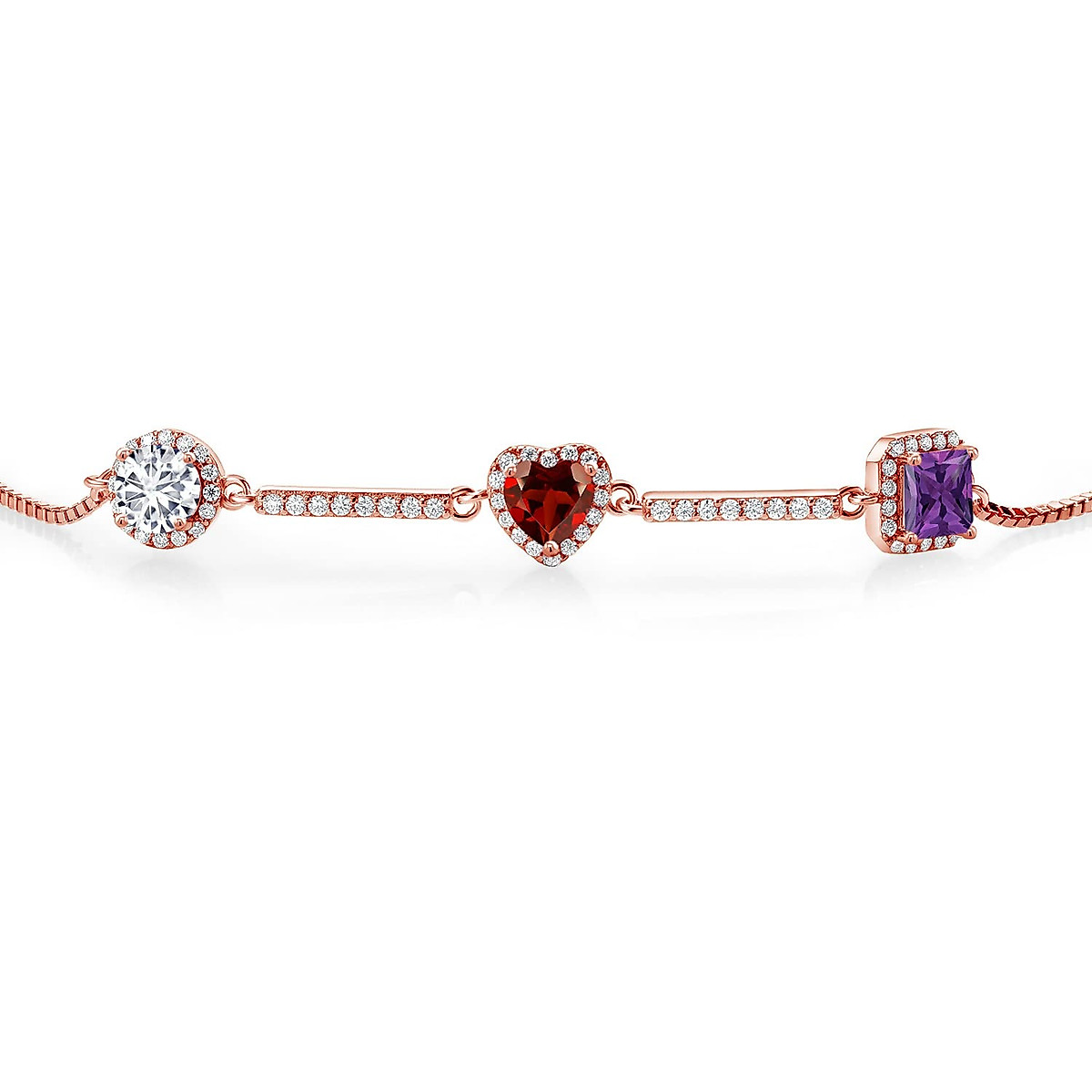 Gem Stone King Keren Hanan Round Heart Princess Cut G-H Lab Grown Diamond Red Garnet Created Moissanite 18K Rose Gold Plated Silver Tennis Bracelet For Women (2.11 cttw, Fully Adjustable Up to 9 Inch)