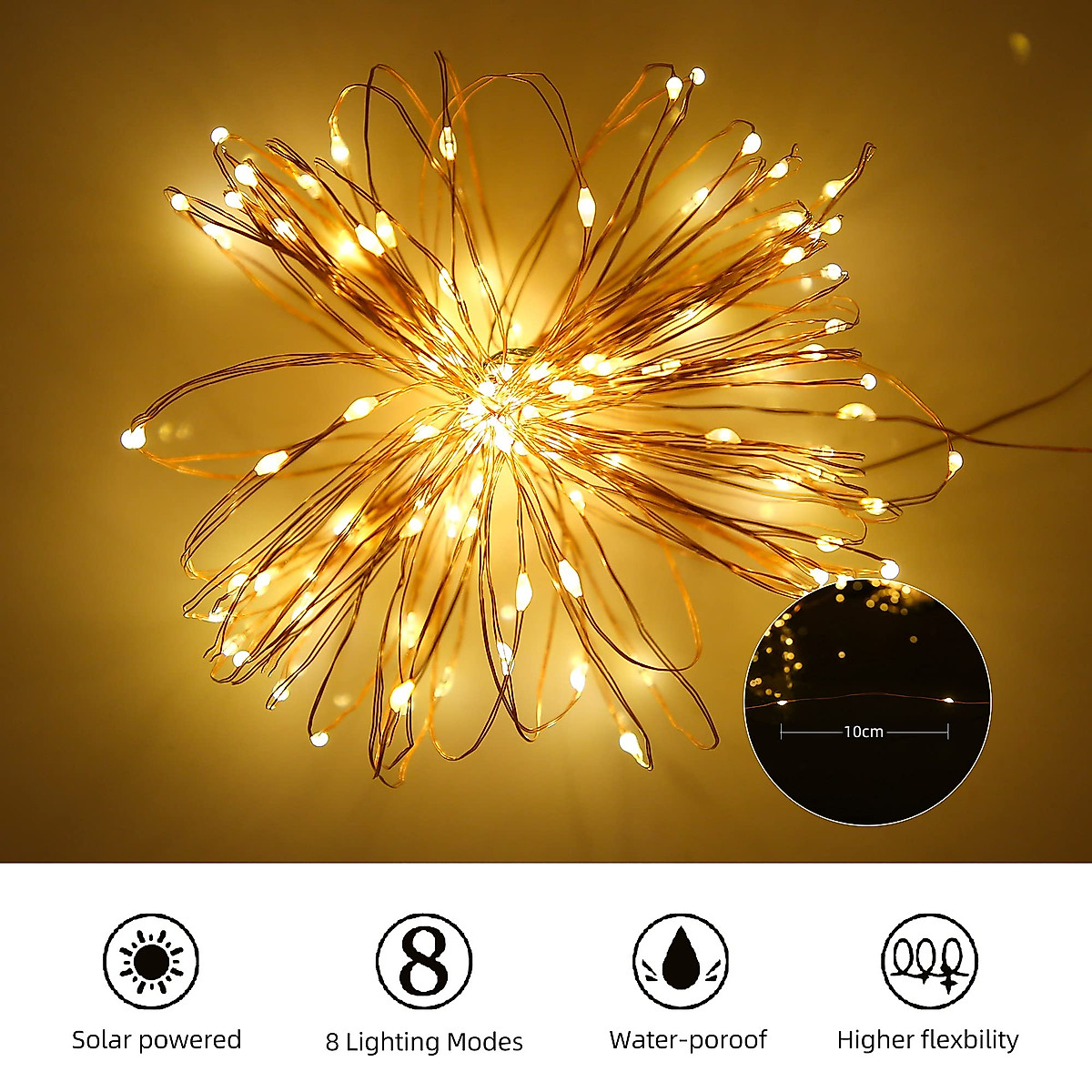 Solar Outdoor String Lights – Pack of 2 Waterproof Copper Solar powered Outdoor String Lights - 72 FT 200 Led Fairy Lights with 8 Lighting Modes– Good Ideal for Garden, Birthday, Party