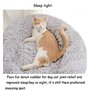BODISEINT Faux Fur Dog Bed Cat Bed,Shag Round Anti-Anxiety Pet Calming Bed Doughnut Cuddler for Medium Large Puppy Dog Cat Kennel Cushion Self Warming Bed (28'' D x 8" H, Light Grey)