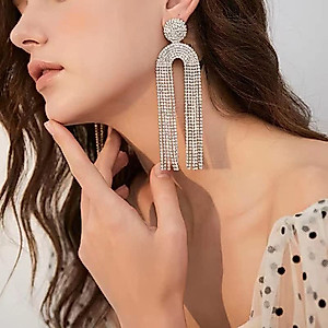 Uacife Silver Elegant Rhinestone Crystal drop Chandelier Long tassel Dangle earrings for Women Girls Bridal Dangling Earring (A-silve-Tassel Crystals Earrings)
