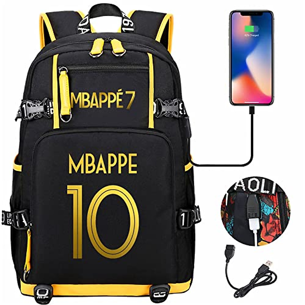 Waroost Kylian Mbappe Rucksack Canvas Daily Backpack,Large Capacity Book Bag with USB Charging Port Knapsack