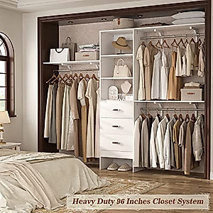Armocity 96 Inches Closet System, 8FT Walk In Closet Organizer with 3 Shelving Towers, Heavy Duty Clothes Rack with 3 Drawers, Built-In Garment Rack, 96" L x 16" W x 75" H, Max Load 1000 LBS, White