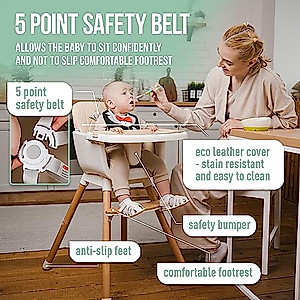 High Chair for Babies and Toddlers, Wooden Baby high Chair 3-in-1 with Removable Tray, Adjustable Legs, 5-Point Harness, High Chair for Toddlers