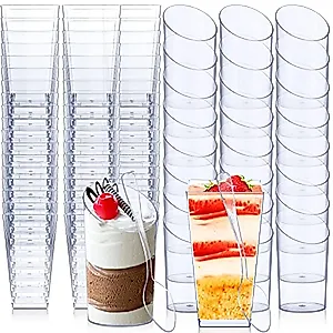Nuogo Mini Plastic Dessert Cups with Spoons Include 3 Oz Square Appetizer 2.5 Slanted Round Parfait Mousse Ice Cream Bar Supplies Small Clear Bowls for Party Wedding (100 Pcs)