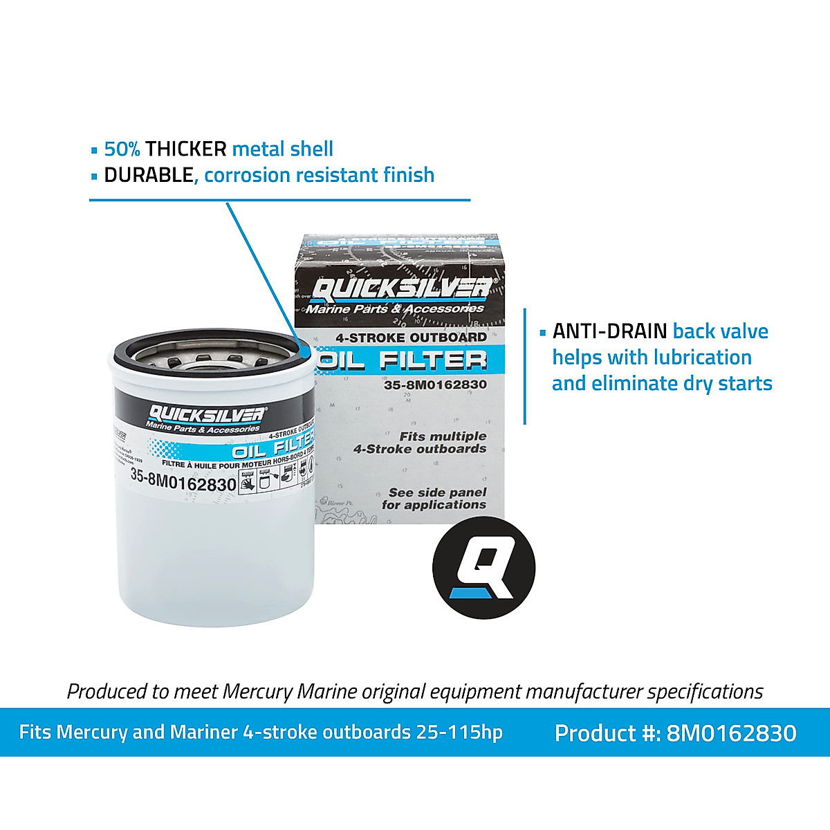 Quicksilver by Mercury Marine 8M0162830 Oil Filter for Mercury and Mariner 4-Stroke Outboards 25-115hp