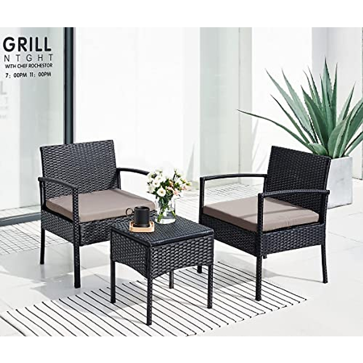 3 Piece Patio Conversation Furniture Set, Porch Furniture Rattan Bistro Sets, Patio Set Wicker Outdoor Chairs and Table Set with Coffee Table and Cushions for Yard Poolside Backyard, Brown