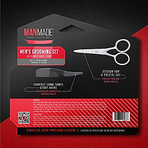 ManMade: Men's Grooming Set Mustache and Beard Scissors + Free Comb, Two-Piece Grooming Essentials, Stainless Steel Facial Hair Scissors for Men (Red)