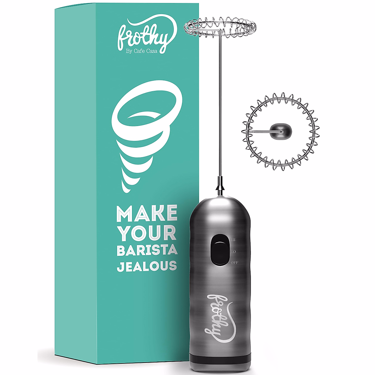 Café Casa Milk Frother for Coffee - 2 Speed Handheld, Battery Operated, Stainless Steel Drink Mixer & Mini Foam Maker - Electric Whisk for Coffee, Lattes, Hot Chocolate, and Shakes