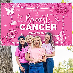 Tiamon Breast Cancer Awareness Backdrop Decorations Banner, Pink Ribbon Hope Party Survivor Party for Photography Background Pink Ribbon Walk Charity Party Supplies, 43.31 x 72.83 Inch (Pink, White)