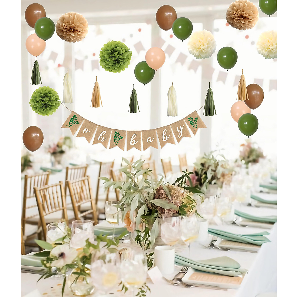 40 Pack Olive Green Wild One Safari Woodland Jungle Baby Shower Decorations - Oh Baby Banner Balloons Tassel Garland Pom Poms Forest Nature Earth Tone Boy Girl Birthday Nursery Décor