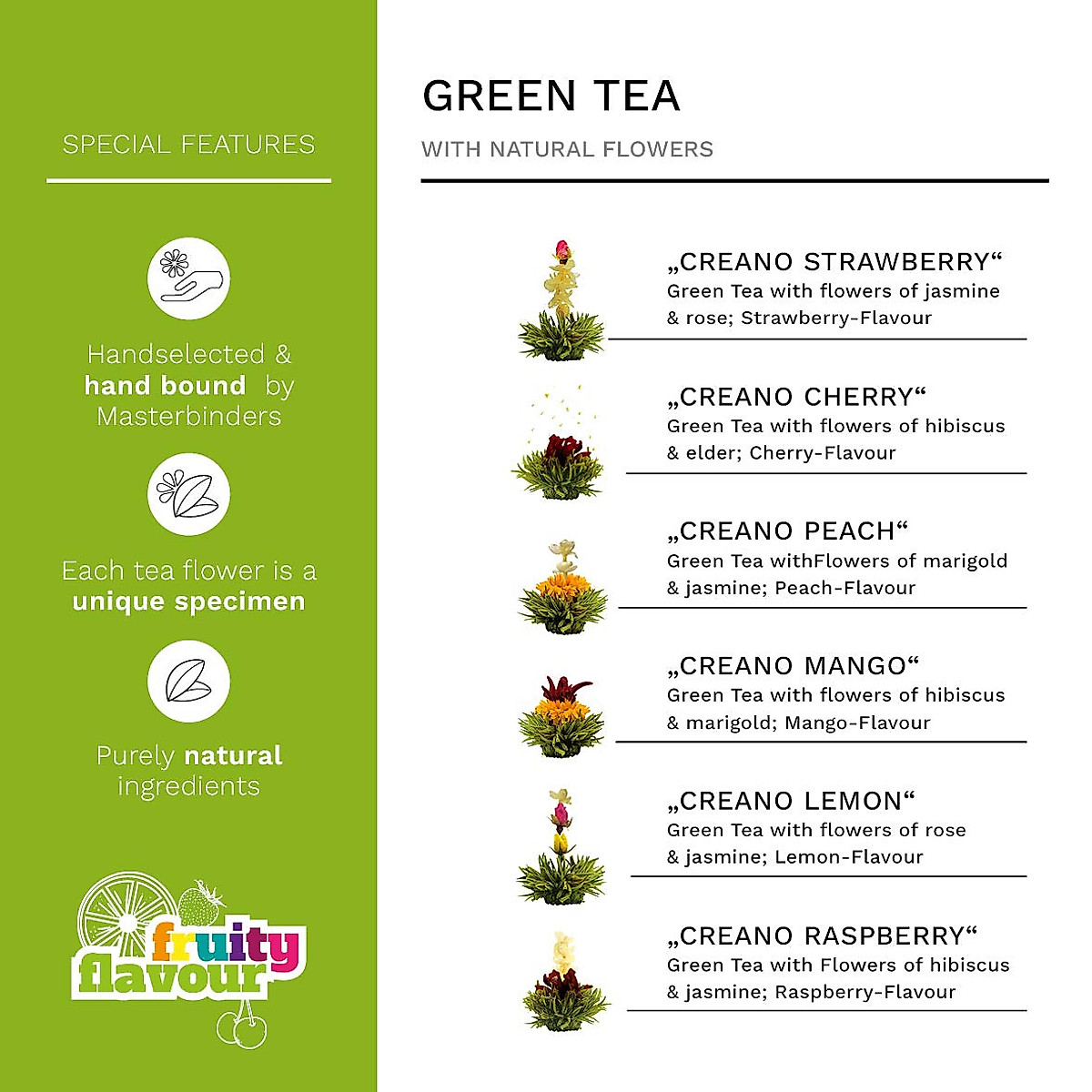 Creano Tea Flowers Mix 6pcs Set Blooming Tea Green Tea in Elegant Magnetic Box with Silver Embossing