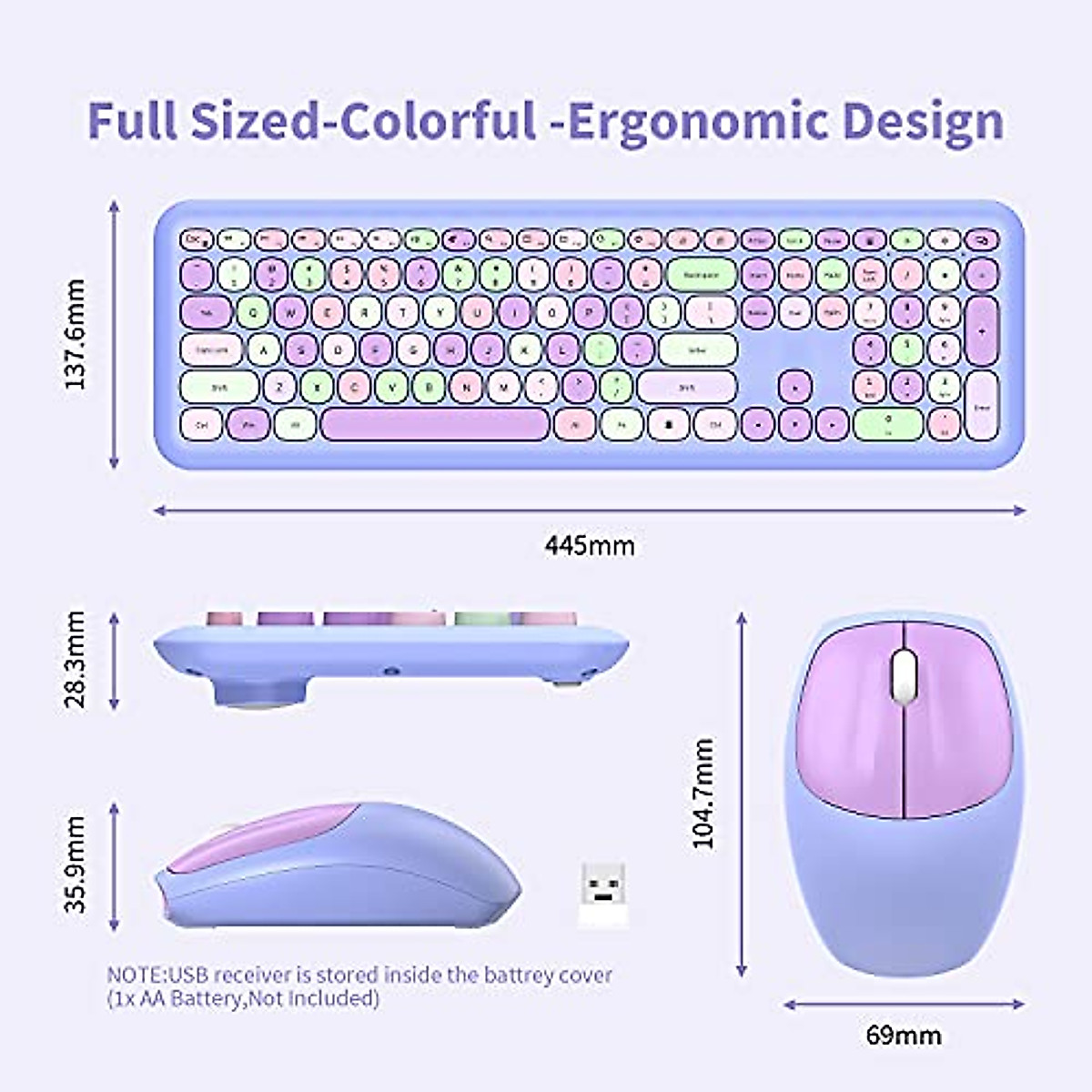 Wireless Keyboard and Mouse Combo, 2.4GHz Full-Sized Colorful Cute Keyboard Mouse Set with Retro Typewriter Flexible Round Keys for Windows, Computer, Laptops, PC Purple Colorful