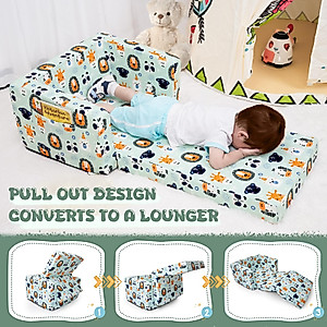Pipoobear Kids Sofa, Comfy 2-in-1 Toddler Couch Fold Out, Convertible Sofa to Toddler Lounge Chair for Boys and Girls (Animal, Green)