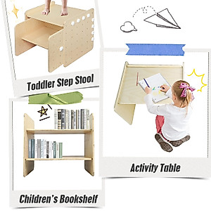 WOOD CITY Montessori Weaning Table and Chair Set (19.7inch), Height-Adjustable Real Hardwood Desk for Toddler Reading, Snack Time, Activity Cube, Step Stool, Montessori Furniture for Kids 1-5 Year Old