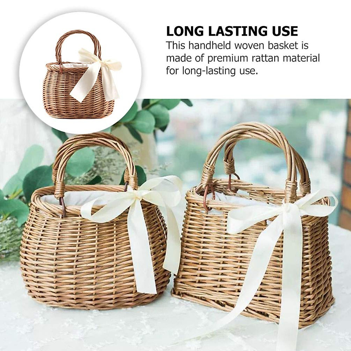 LIOOBO Rattan Woven Bag with Bow, Boho Style Beach Bag Flower Basket - Straw Bags Handle Wicker Baskets Handbags