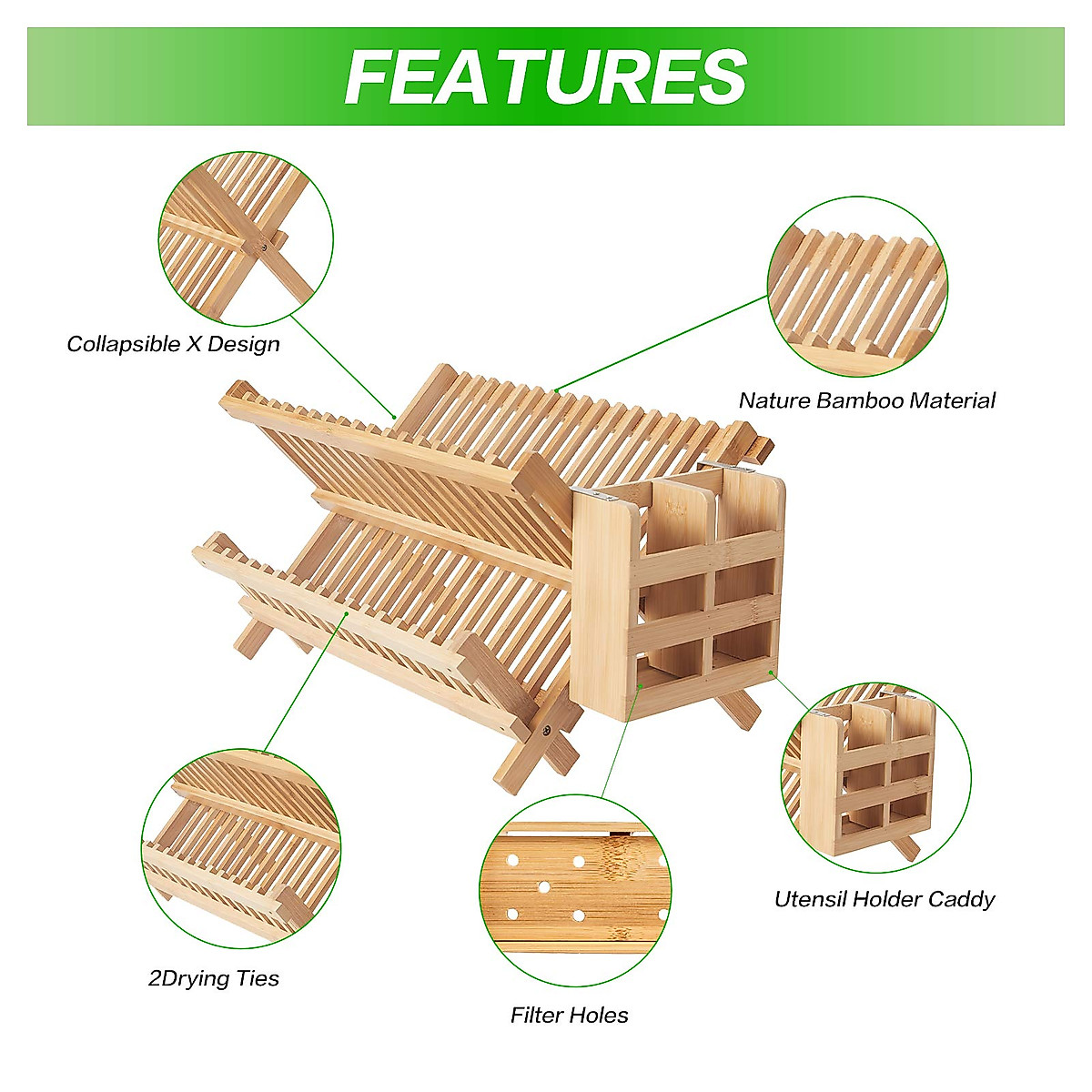 NOVAYEAH Bamboo Dish Drying Rack-2 Tier, Collapsible Small Dish Rack with Utensil Holder, Wooden Drying Rack for Kitchen Counter, Apartment Essentials Kitchen Plate Holder, Kitchen Organization
