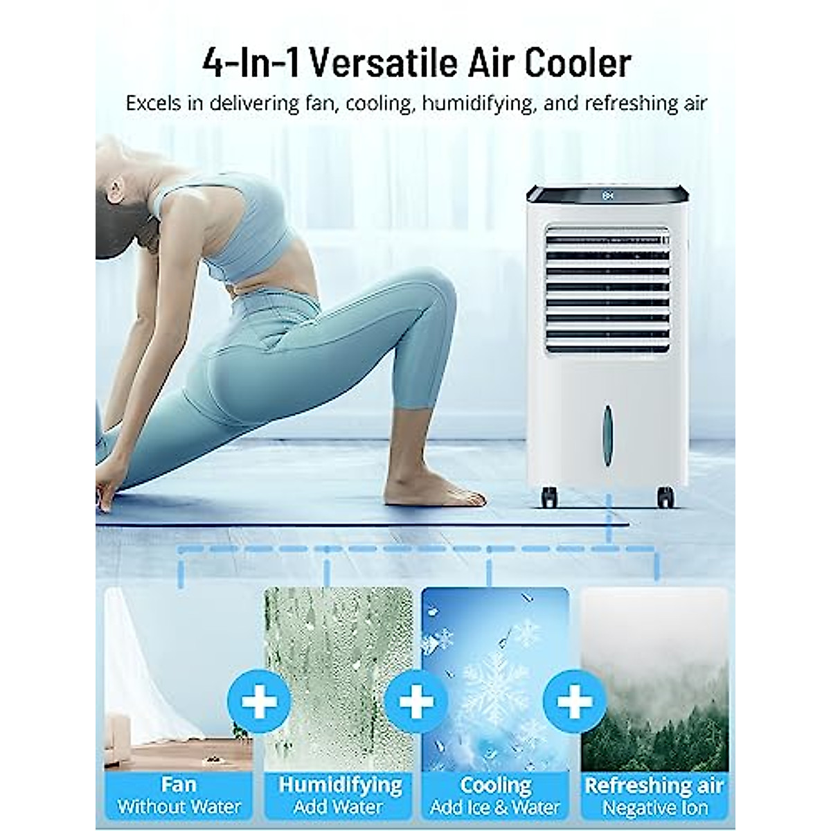 PARIS RHÔNE Evaporative Air Cooler, 4-in-1 Evaporative Cooler, Portable Swamp Cooler with Negative Ion, LED Display, 2.6Gal Water Tank, Remote Control, Casters for Home, Office