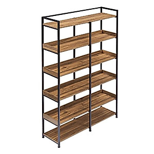 MENGK 70.8 Inch Tall Bookshelf MDF Boards Stainless Steel Frame, 6-Tier Shelves with Back&Side Panel, Adjustable Foot Pads, Brown