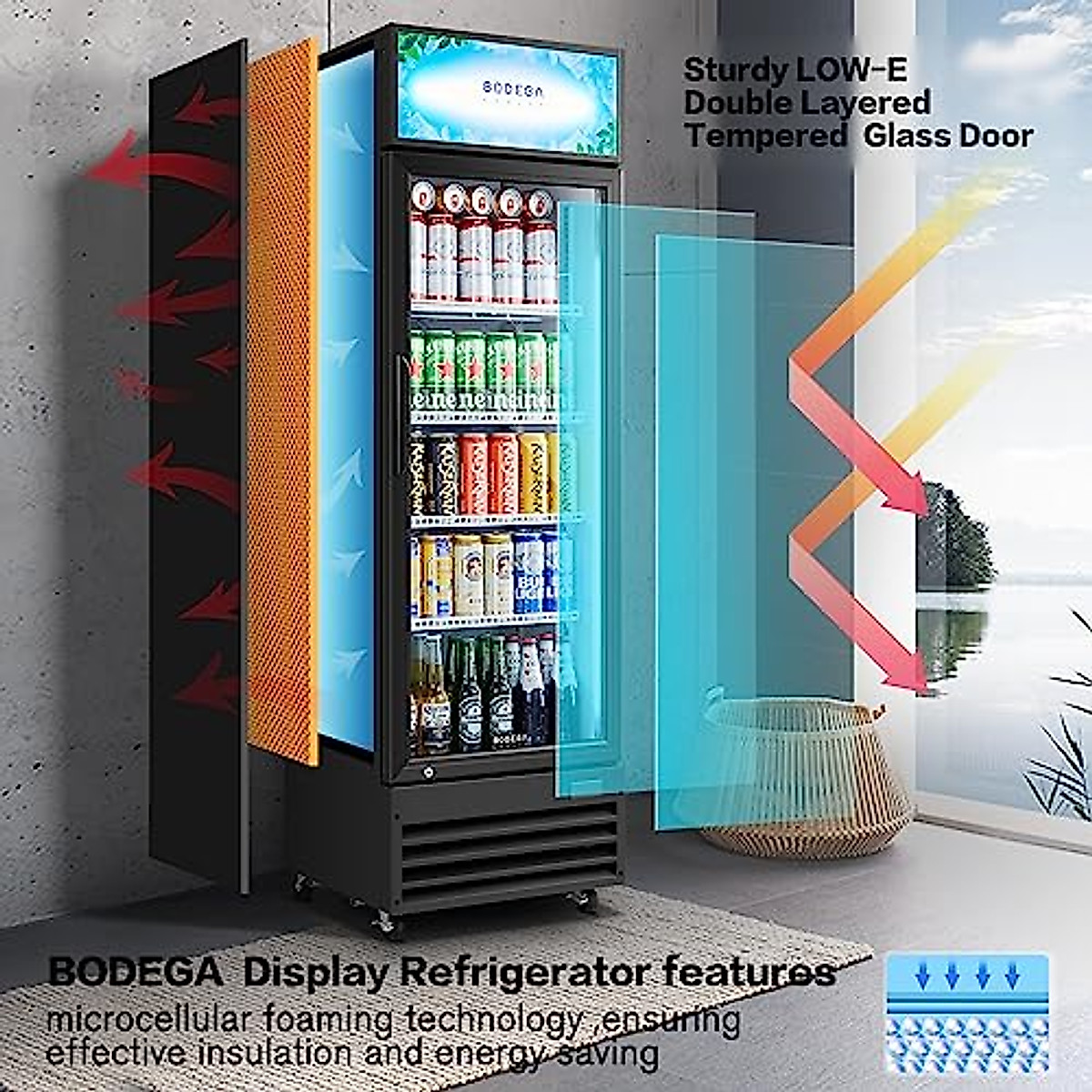 BODEGACOOLER Commercial Merchandiser Refrigerator, Glass Door Display Refrigerator,Upright Beverage Display Cooler with Soft LED Light, Adjustable Shelves and Drink Organizers, 9 Cu. Ft,Black