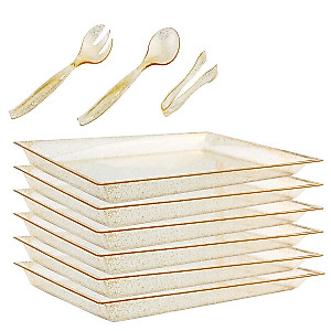 WELLIFE 24 Pack Plastic Gold Glitter Serving Tray with Disposable Utensils, 6 Rectangle Platter 15” x 10”, 6 Serving Spoons 10”, 6 Forks 10”, 6 Serving Tongs 6.3” for Buffet, Mothers Day