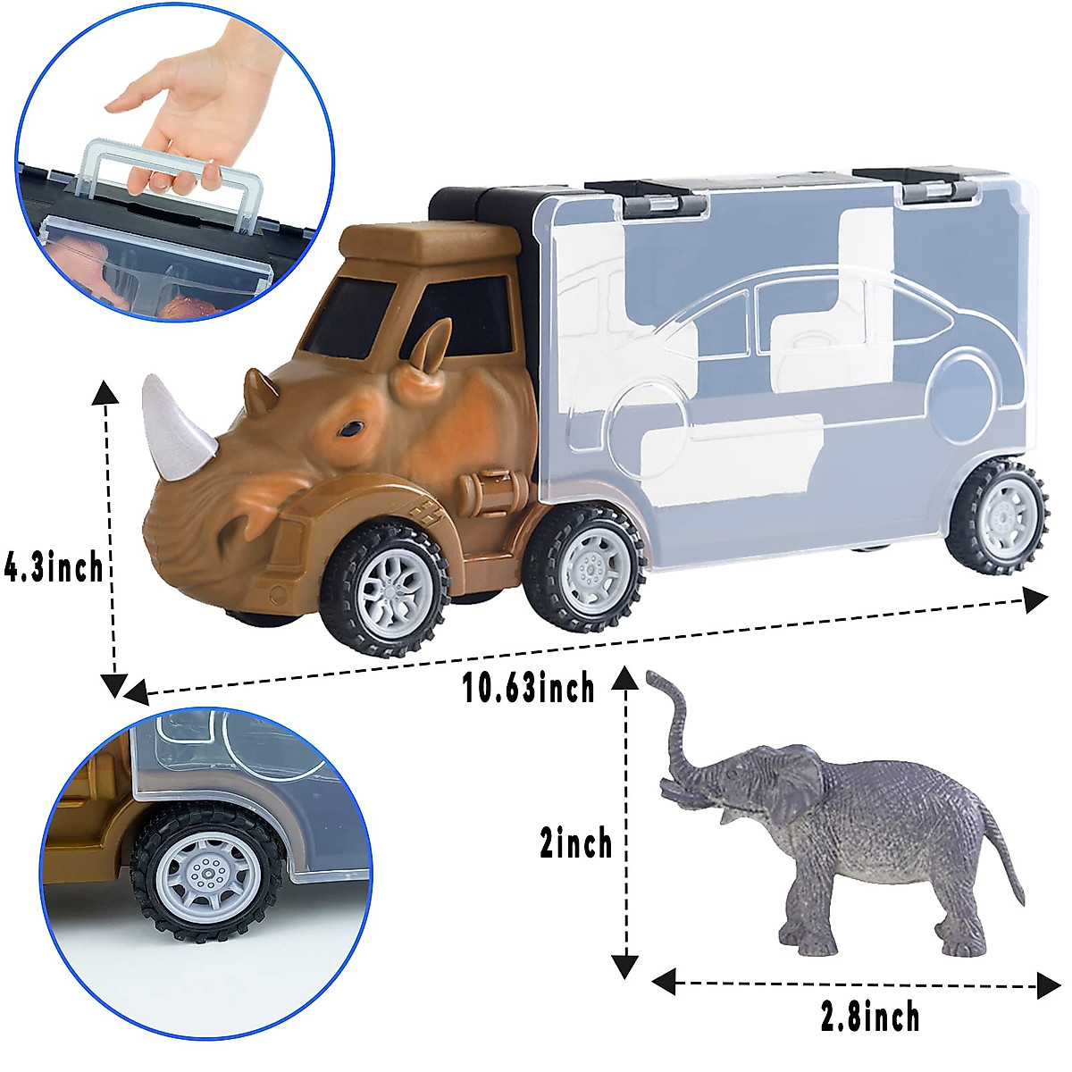 Tcvents Toys for 3 + Year Old Boys Girls, Car Toys Carrier Trucks for Kids 5-7 Gifts - Rhino Truck Transport Carrier Toy Playset with Animal Toys & Accessories for Kids Birthday