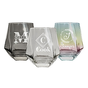 Customizable Monogram 11.5 Oz Etched Stemless Diamond Shaped Stemless Wine Glass Engraved Personalized with Initial and Name, Geometric Rocks Whiskey Glass (2 Pack)